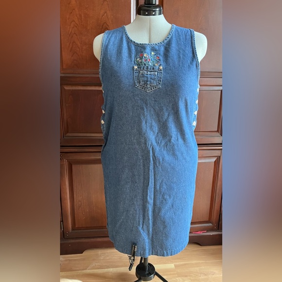 True Blue | Dresses | Vintage Denim Jumper With Colorful Floral ...